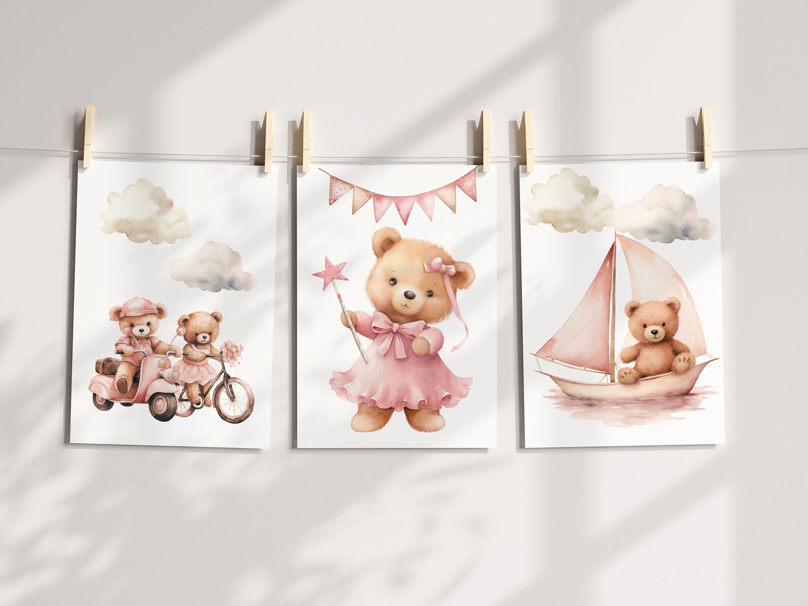 Pink Teddy Nursery Wall Art Poster Girl Teddy Bear Cute Teddy Bear Set ...
