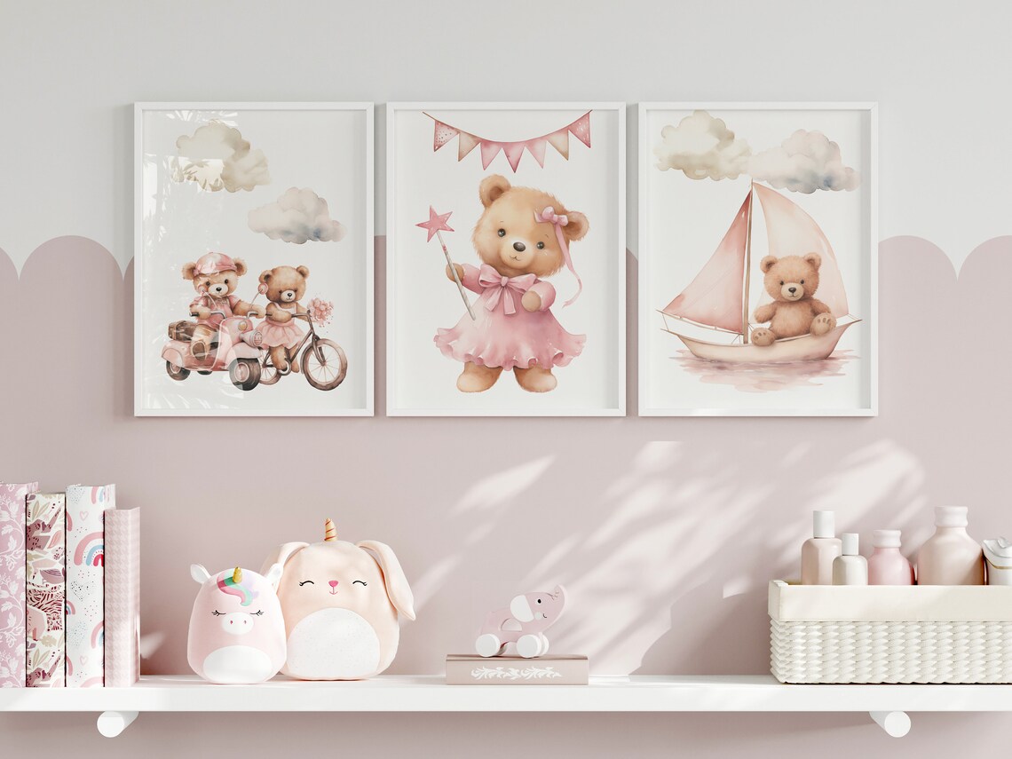 Pink Teddy Nursery Wall Art Poster Girl Teddy Bear Cute Teddy Bear Set ...