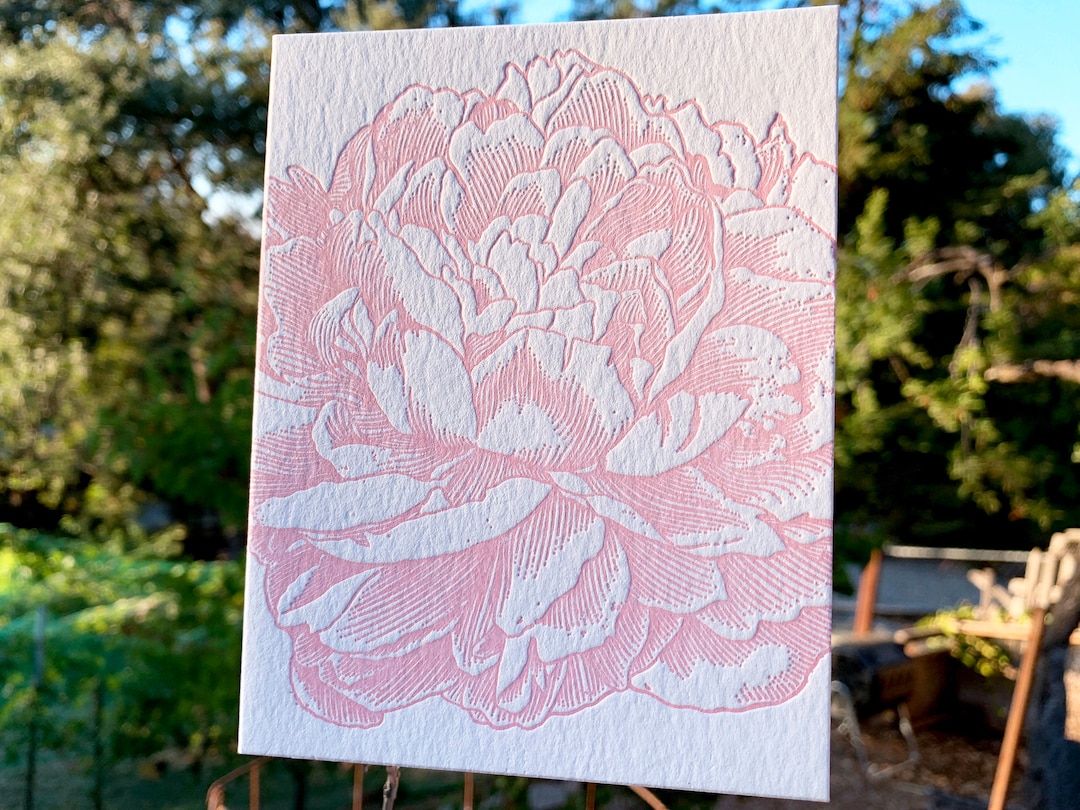Peony Letterpress Folded Note Card From Vintage Engraving - Etsy