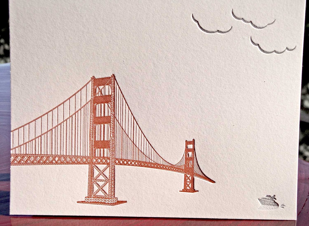 Golden Gate Bridge Letterpress Folded Note Card, With Boat and Clouds ...