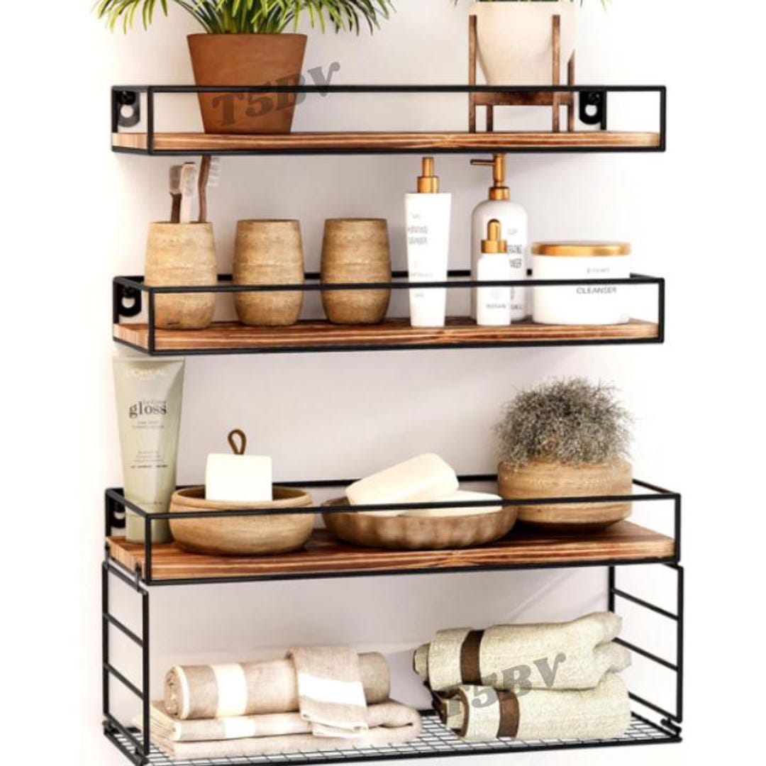 Floating Bathroom Shelves With Paper Basket | Wall Mounted Shelves ...