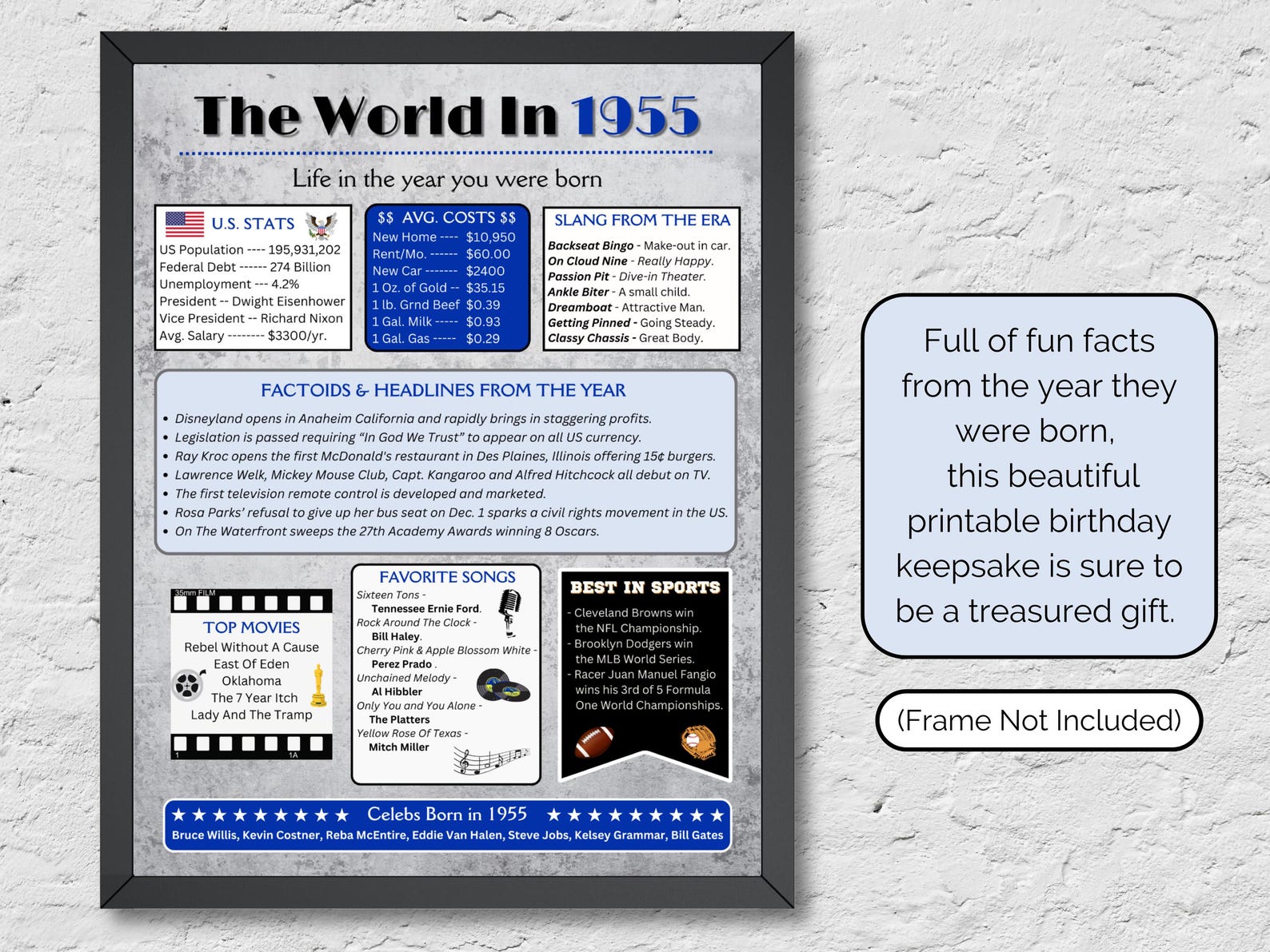 Back in 1955, 70th Birthday Printable | the Year You Were Born Trivia ...