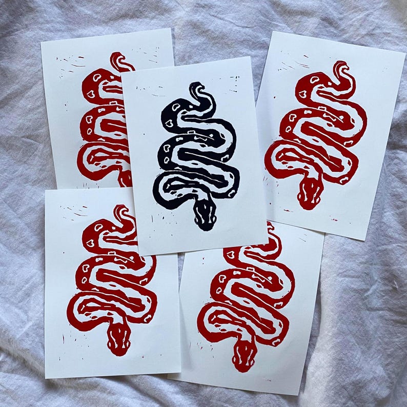 Snake Linocut Print "wiggly Pal" 5"x7" | Hand Printed Original Carved ...