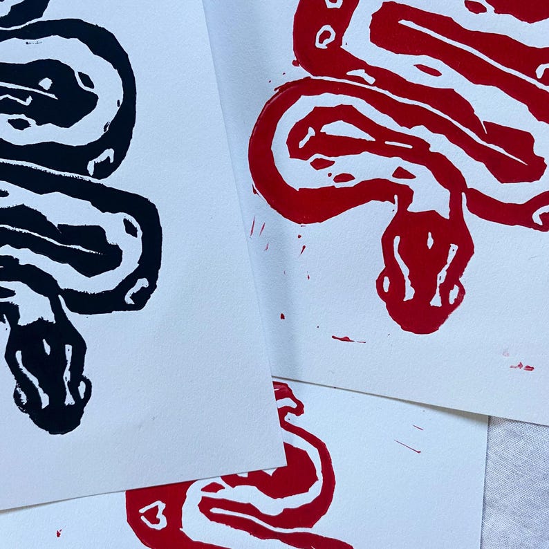 Snake Linocut Print "wiggly Pal" 5"x7" | Hand Printed Original Carved ...