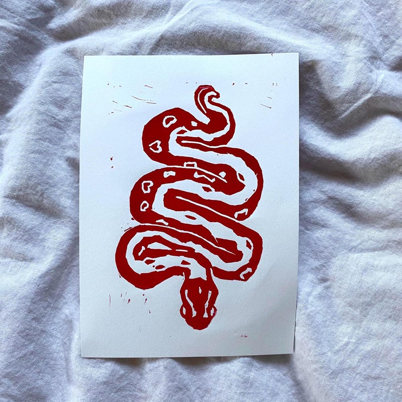 Snake Linocut Print "wiggly Pal" 5"x7" | Hand Printed Original Carved ...