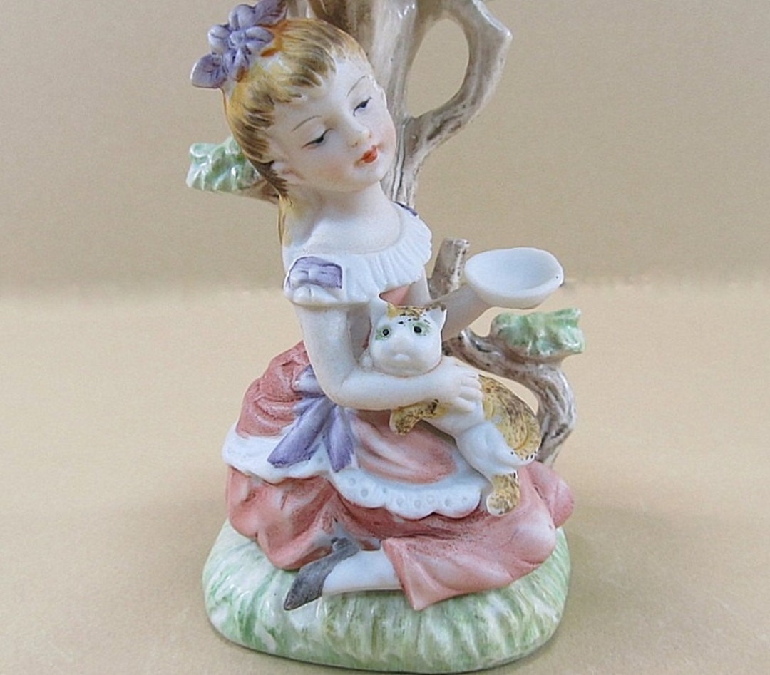 Vintage Girl With Cat Figurine, Hand Painted Planter - Etsy