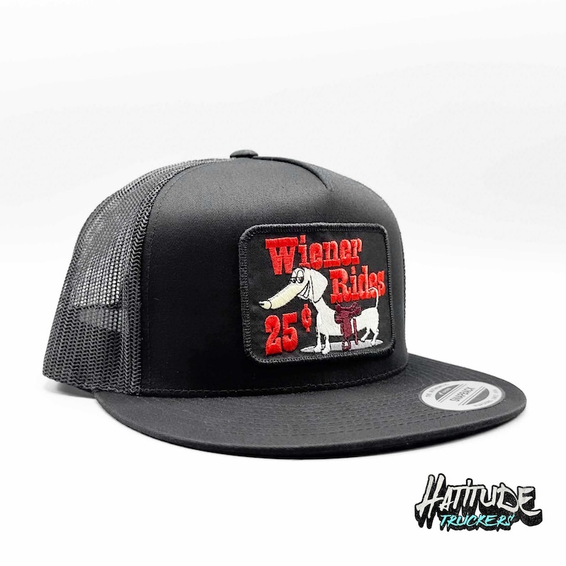 Wiener Rides 25 Cents Black Patch Adult Humor Funny Trucker Hat on an ...