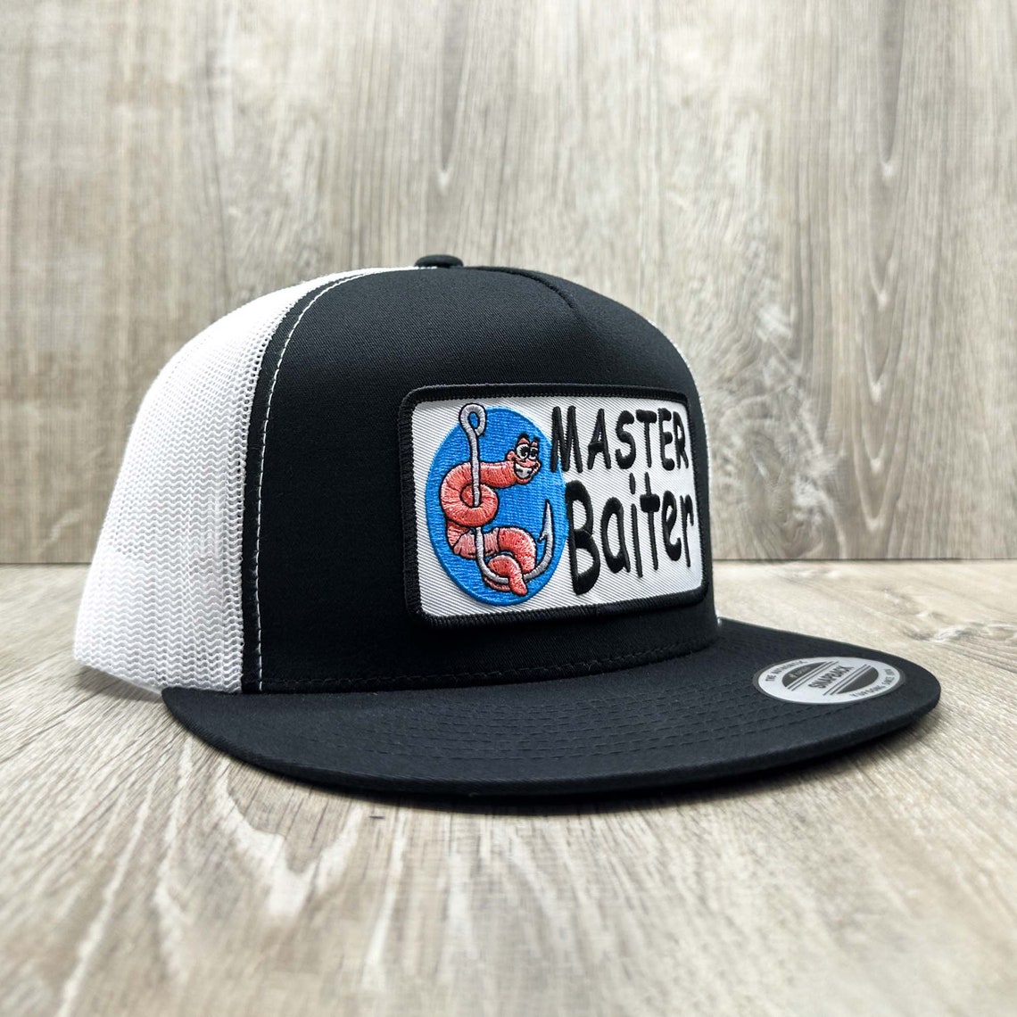 Master Baiter Funny Fishing Trucker Hat on a Black With White Mesh Yupoong 6006 Flat-billed High ...