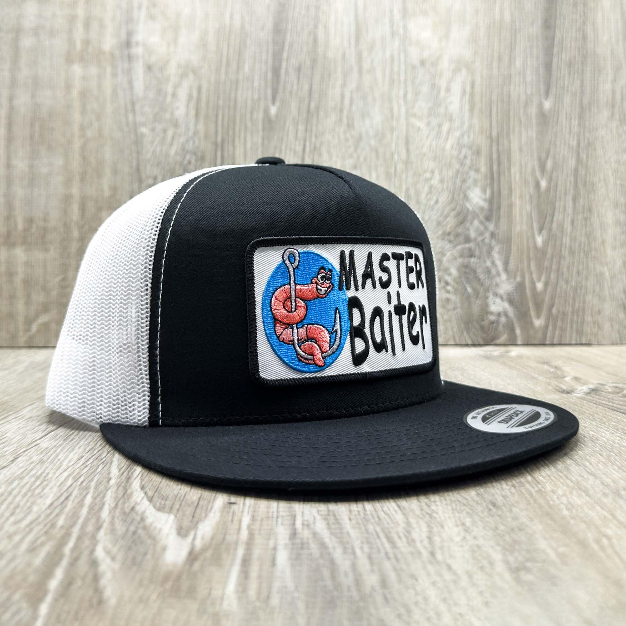 Master Baiter Funny Fishing Trucker Hat on a Black With White Mesh ...