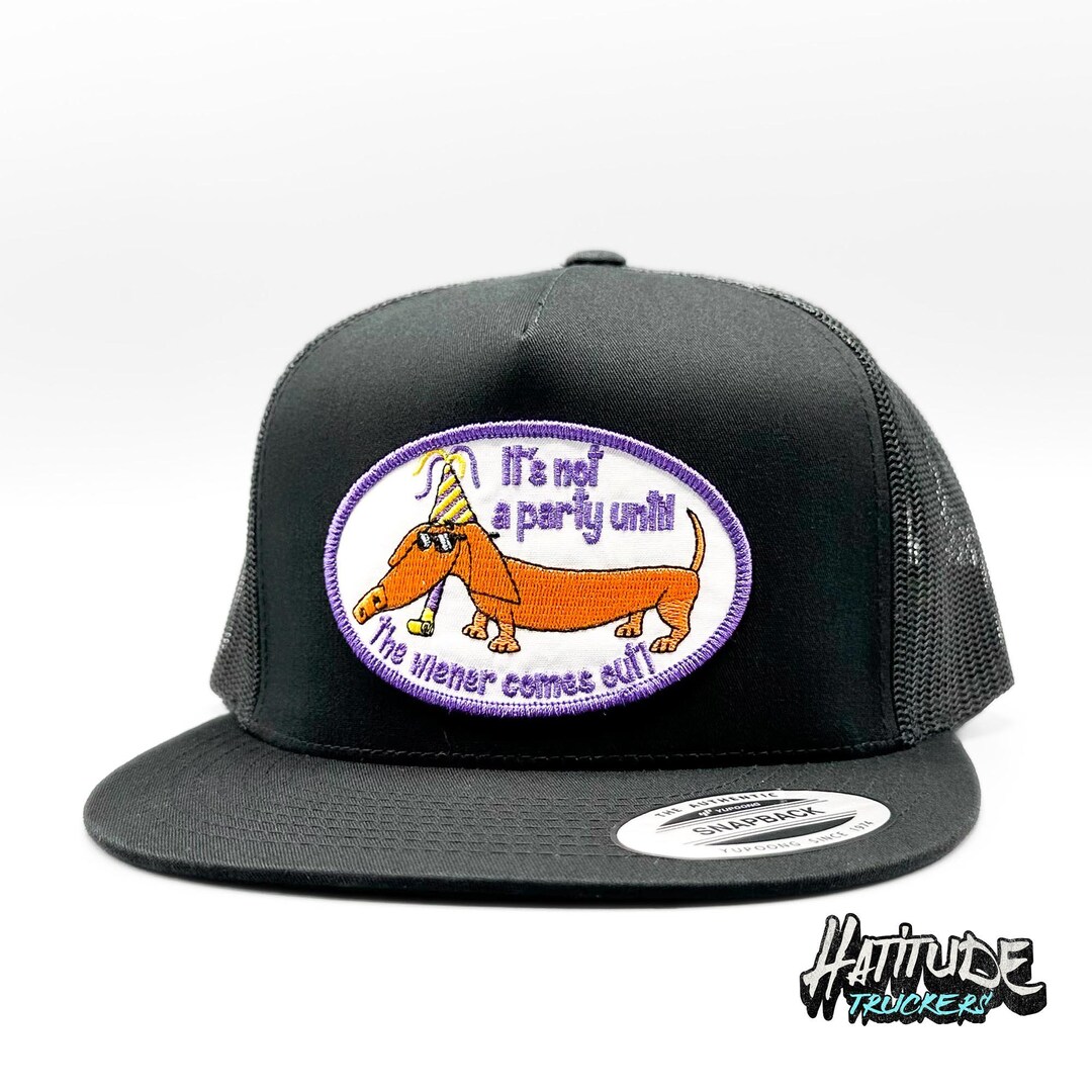 Wiener Party Patch on an All Black Yupoong 6006 Flat-billed High-crown ...