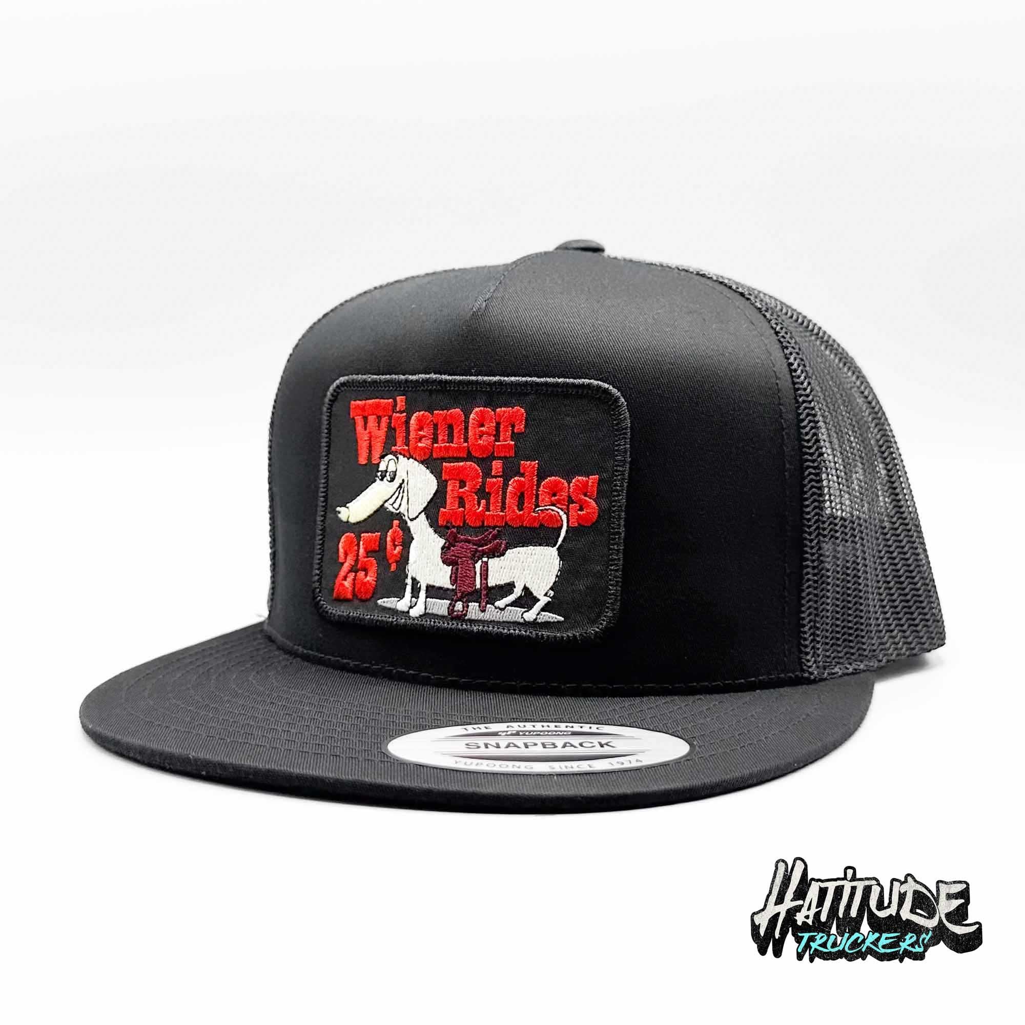Wiener Rides 25 Cents Black Patch Adult Humor Funny Trucker Hat on an ...