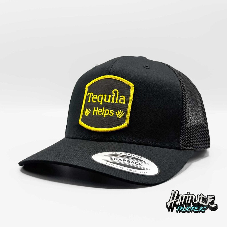 Tequila Helps Funny Adult Humor Retro-style Trucker on an All Black Yupoong 6606 Curved-bill Mid ...