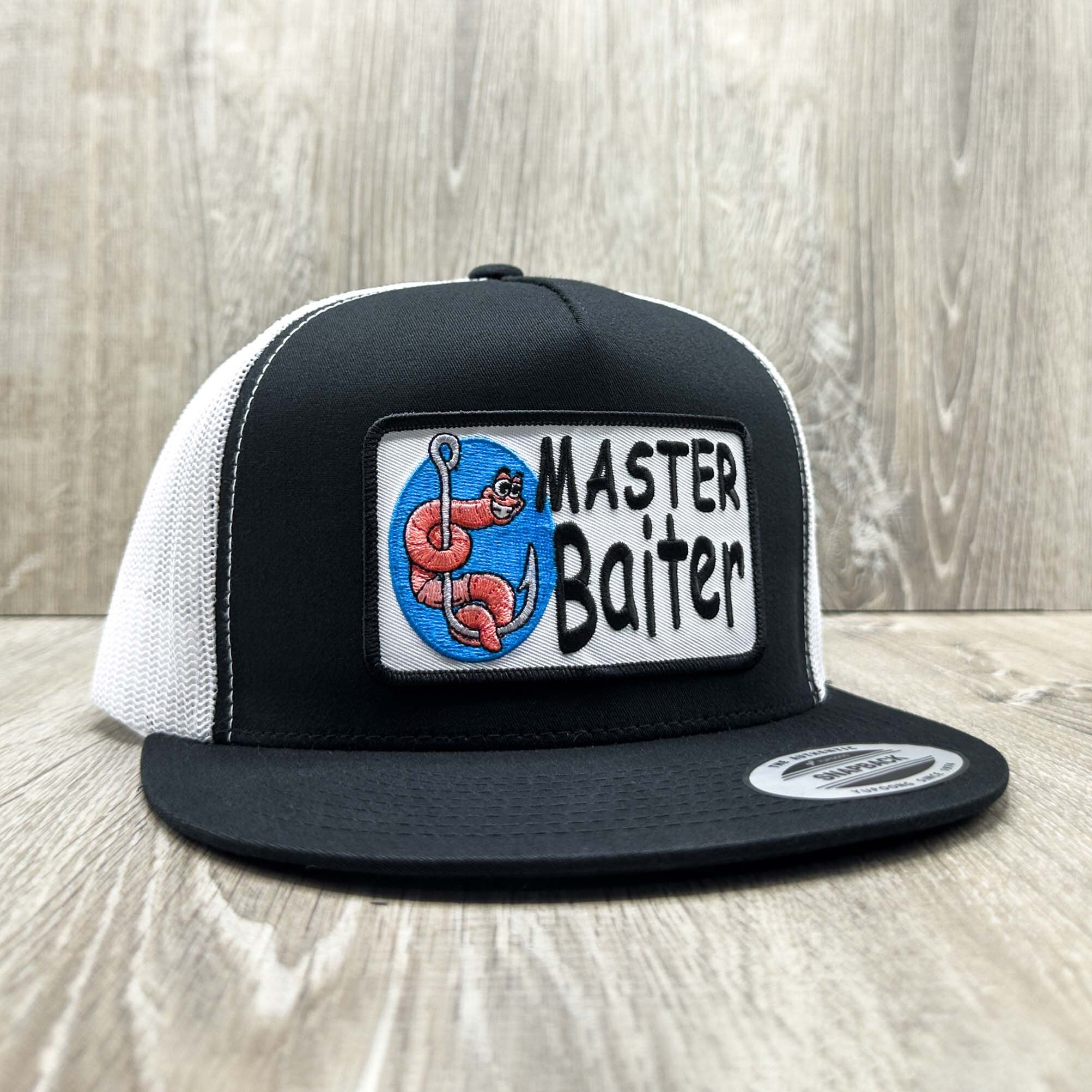 Master Baiter Funny Fishing Trucker Hat on a Black With White Mesh ...