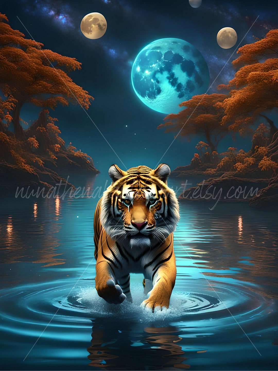 Bengal Tiger Night Prowler Digital Fantasy Art Oil Painting Effect Wall ...