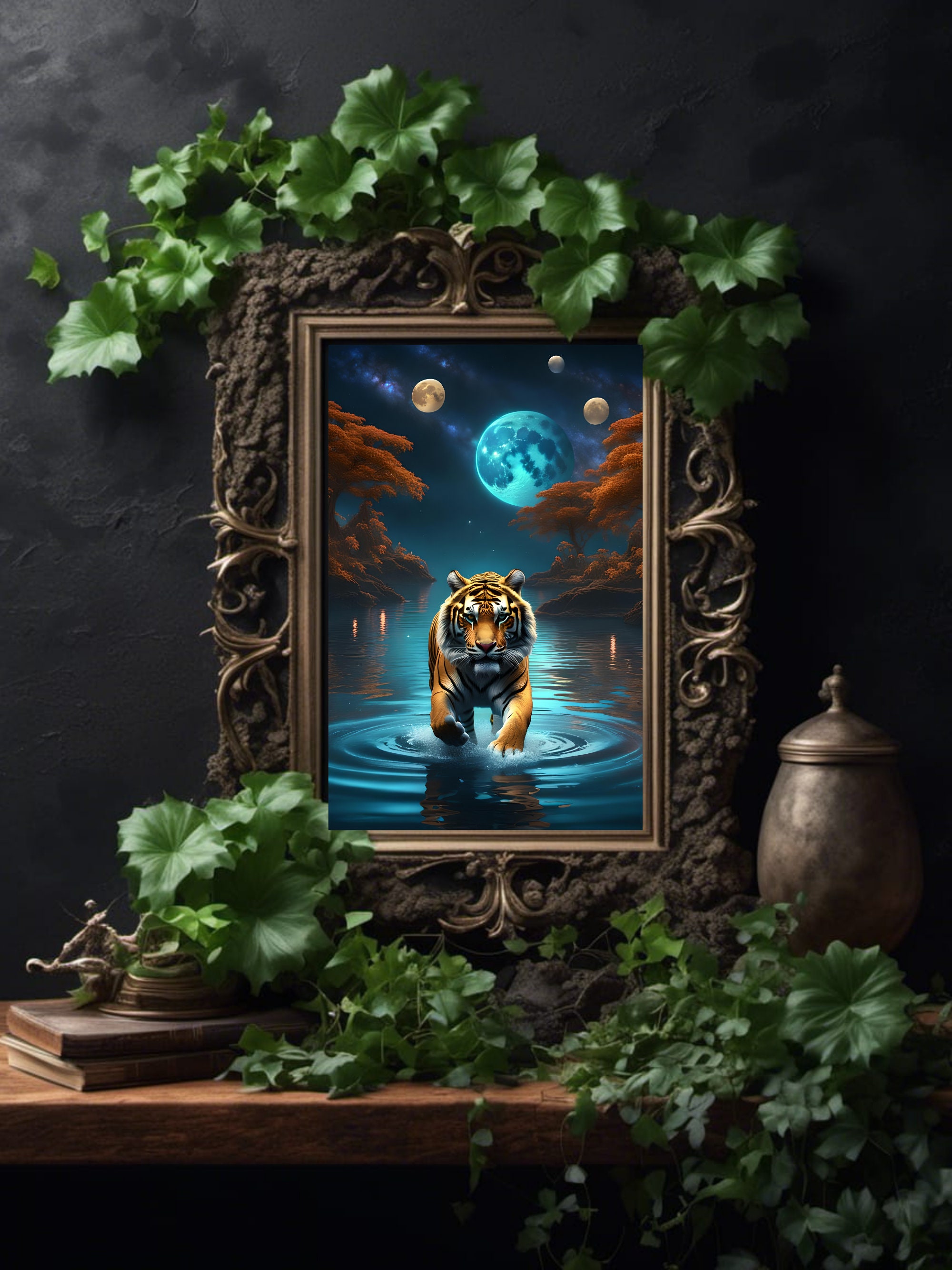 Bengal Tiger Night Prowler Digital Fantasy Art Oil Painting Effect Wall ...