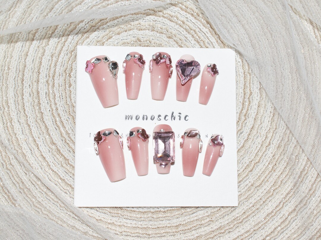 Pink Airbrush Press on Nails Coffin Shape Long Square Nails With ...