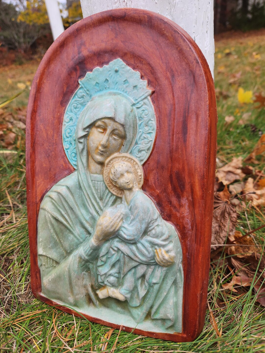 Handcast Cement Mother and Child Plaque, Multi Color, Home Garden Decor ...