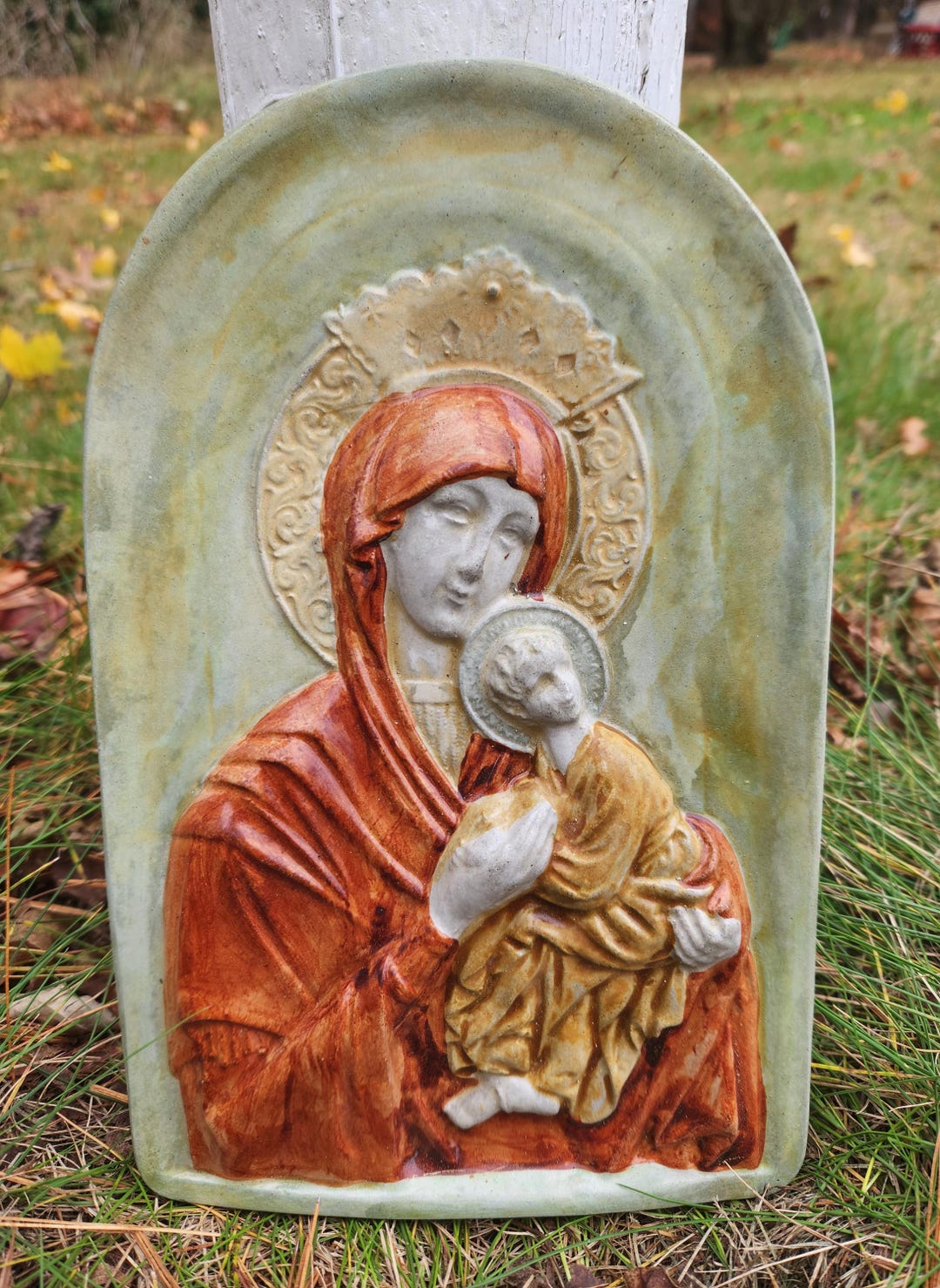 Handcast Cement Mother and Child Plaque, Multi Color, Home Garden Decor ...