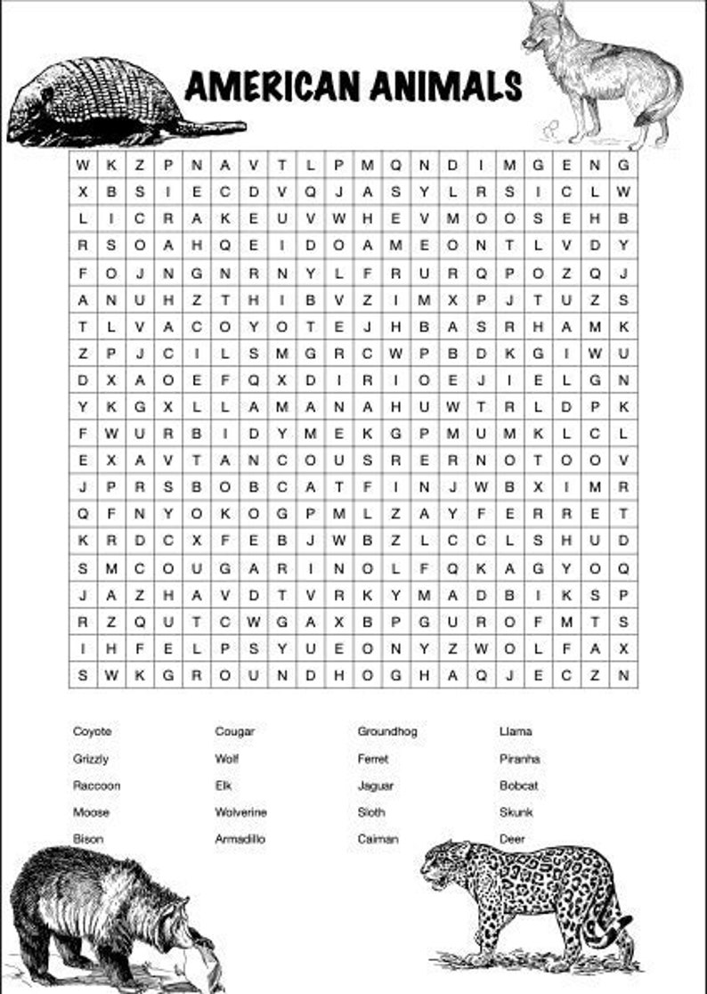 American Animal Word Search - Etsy