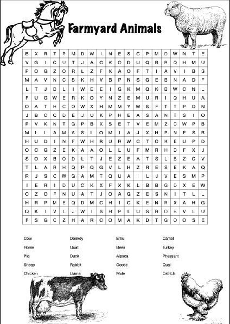 Farmyard Animal Word Search - Etsy