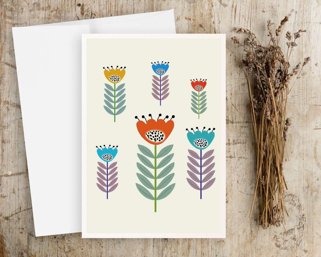 Scandinavian Flower Note Cards - Folk Art - Abstract Flowers - Greeting ...