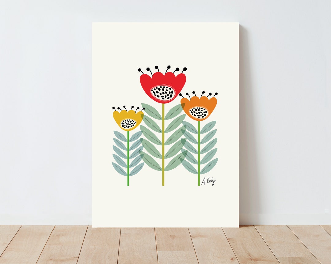 Abstract Scandinavian Floral Art Print - Flower Wall Art - Folk Art ...
