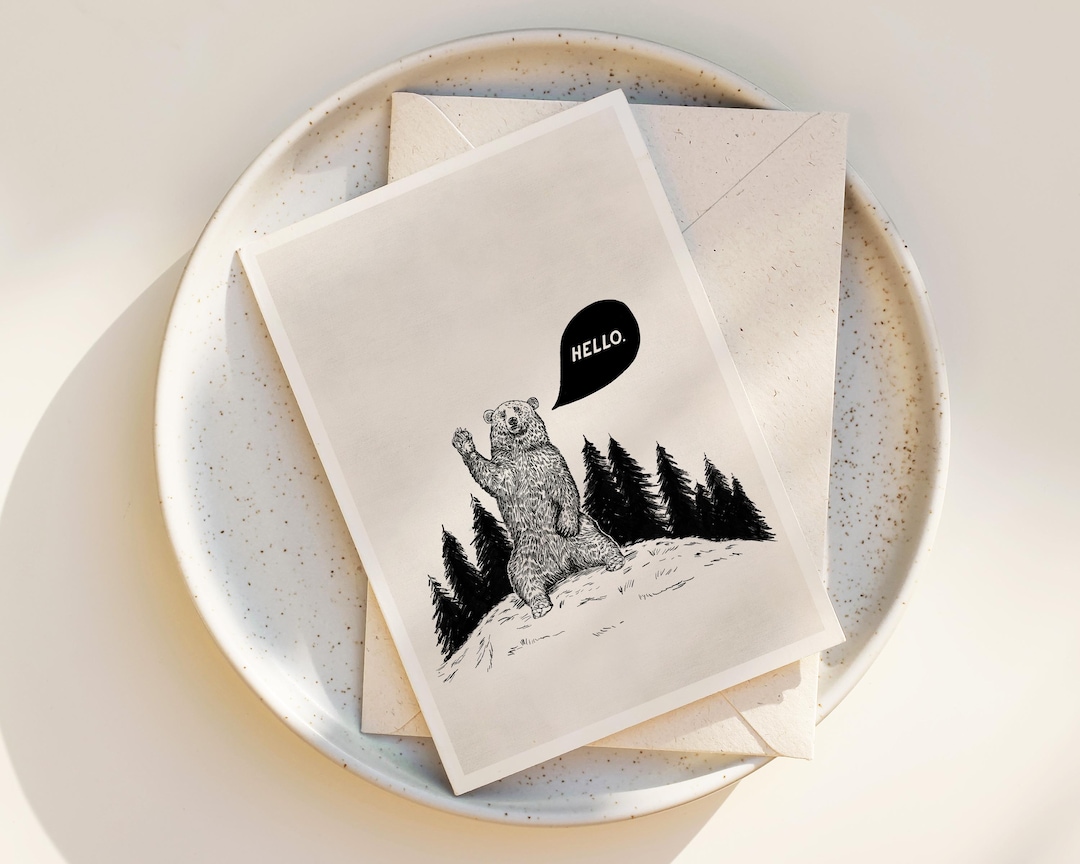 Cute Waving Bear Hello Note Cards - Bear Greeting Cards - Grizzly Bear ...