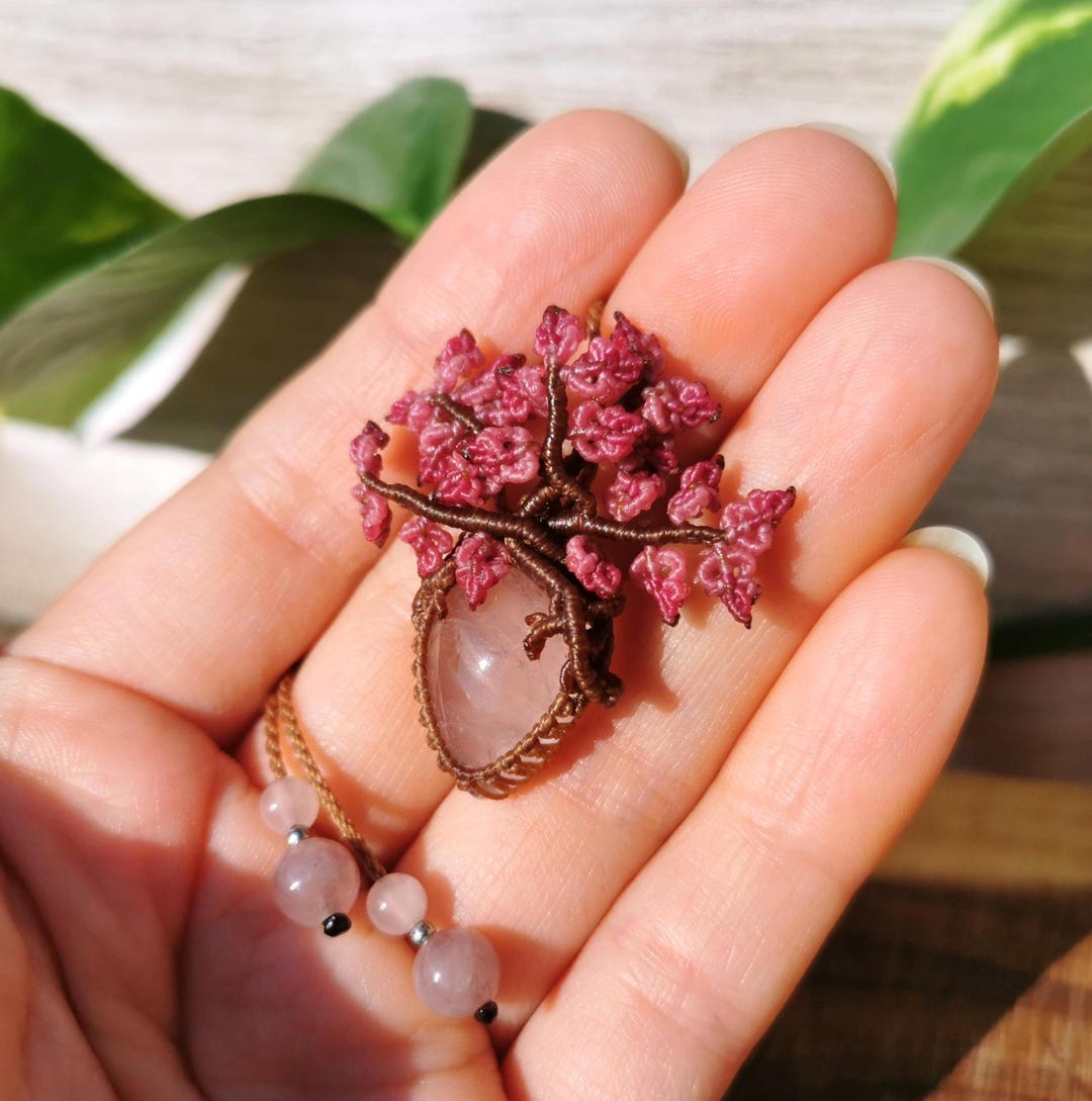 Tree of Life Cherry Blossom Necklace Natural Rose Quartz Stone ...