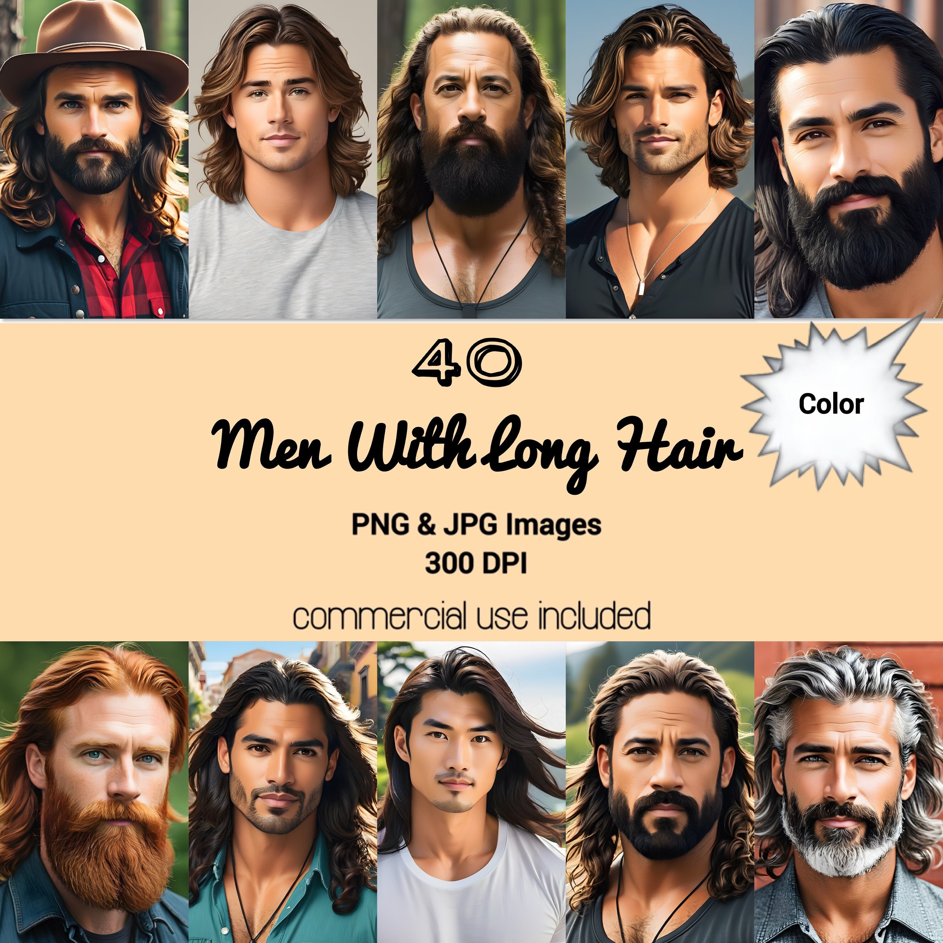 40 Handsome Men With Long Hair Color Images Ethnic Diversity Digital Download Clipart PNG & JPG ...