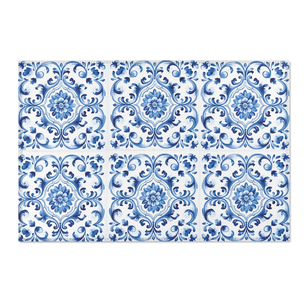 Floral Blue Delft Tile Look Area Rugs - Etsy