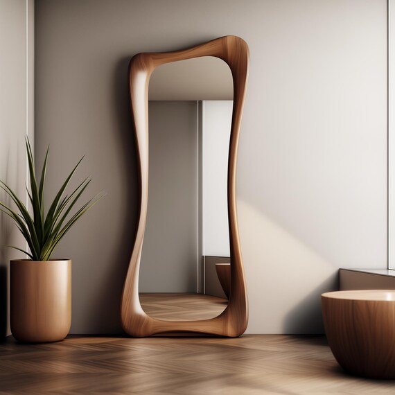 Walnut Asymmetrical Full Length Mirror Irregular Floor Mirror Mid Century Modern Mirror Wooden Full Length Mirror Mirror Walnut Mirror Etsy