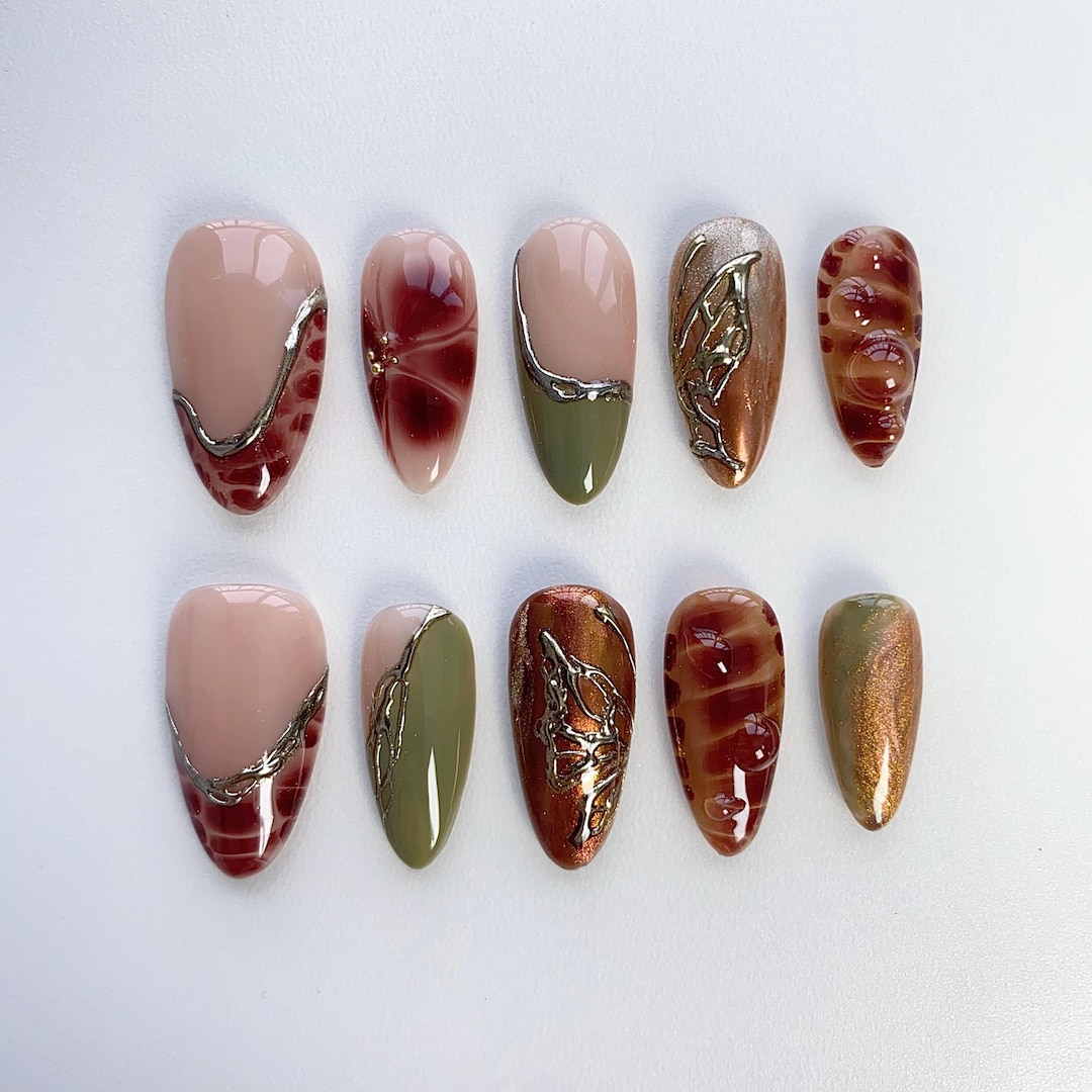 Amber Fall Press on Nails Short Nails/fall Nails/butterfly Nails/3d ...