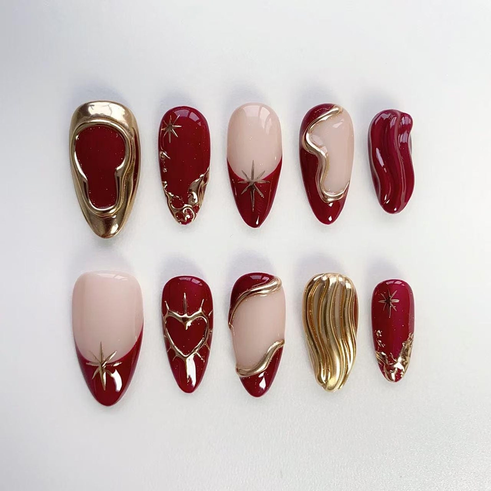 Goldene 3D Chrom Nägel/Burgundy French Gold Press on Nägel lange Mandel ...