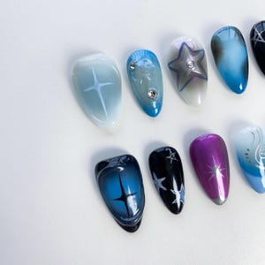 Aura Blue Gothic Press on Nails Short Almond Nails/smudged Blue Nails ...