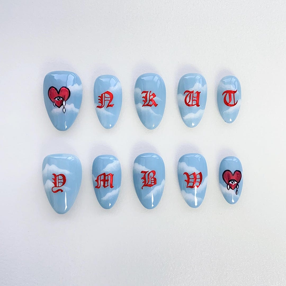 Gothic Blue Sky Press on Nails Short Almond Nails/summer Blue Nails ...