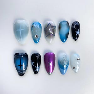 Aura Blue Gothic Press on Nails Short Almond Nails/smudged Blue Nails ...