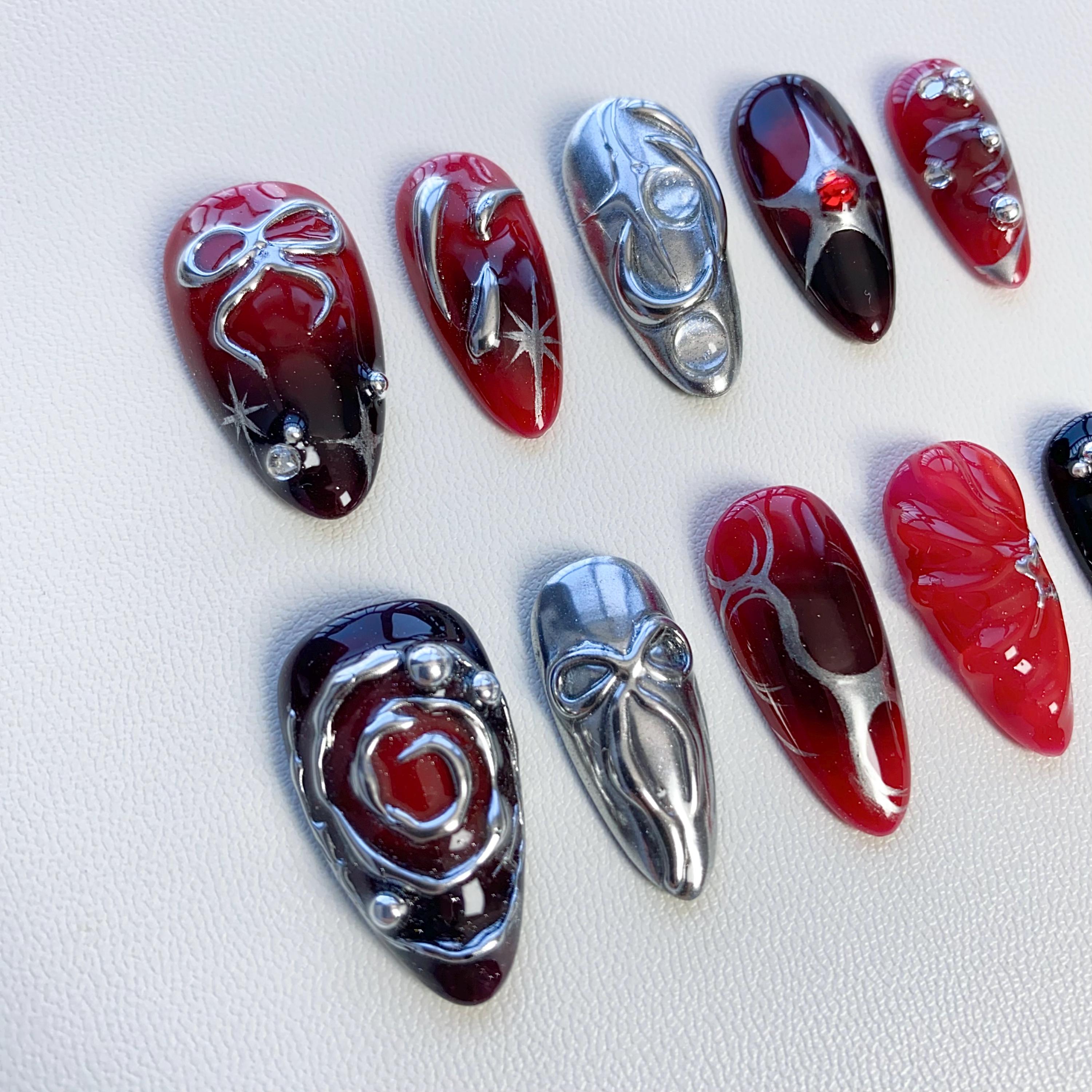 Black and Red Gothic Press on Nails Short Almond Nails/gyaru Nails/y2k ...