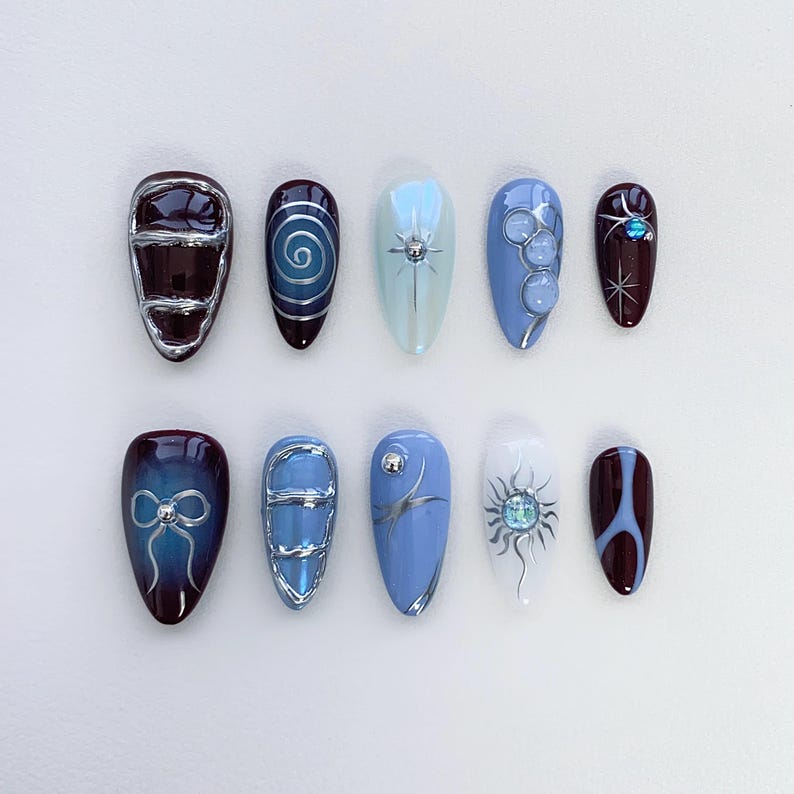 Gothic Blue Press on Nails Long Almond Nails/3d Silver Chrome Nails/bow ...