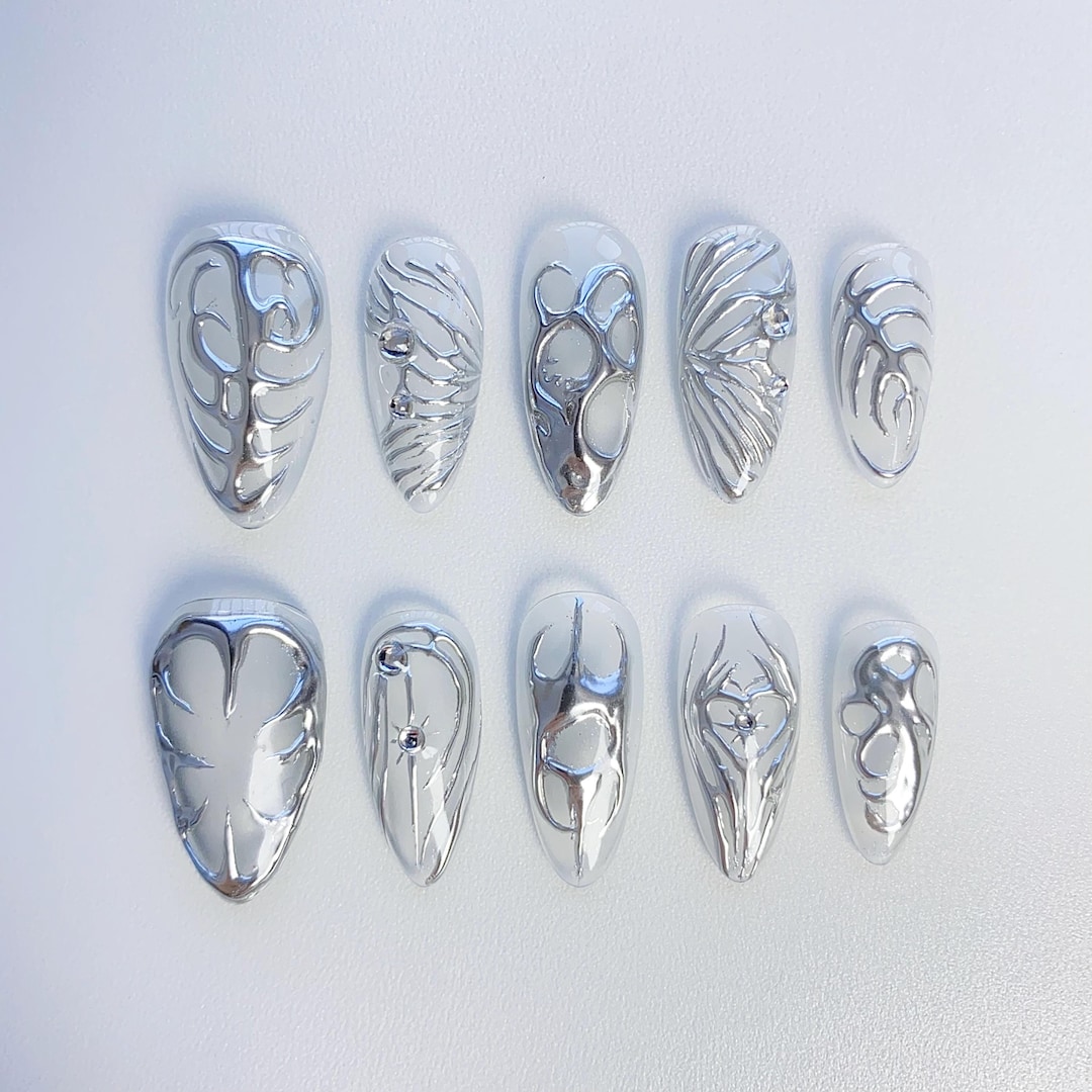 Gothic 3D Chrome Nails/slilver Press on Nails Short Almond Nails/silver ...