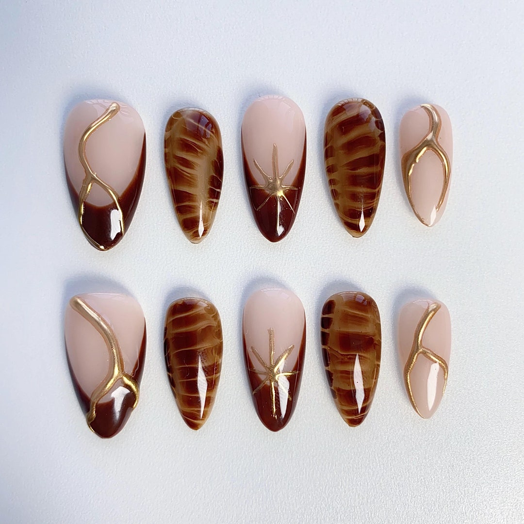 Amber Fall Press on Nails Short Almond Nails/fall Nails/brown Nails/3d ...