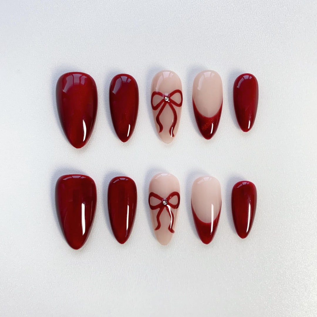 Red Cat Eye Nails/french Red Press on Nails Short Almond Nails/bow ...