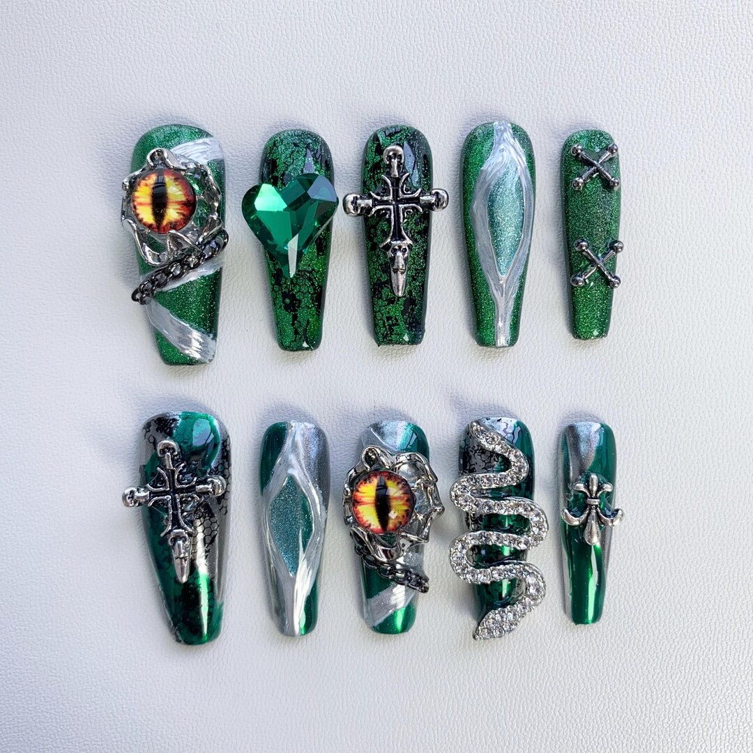 Halloween Green Gothic Press on Nails Long Coffin Nails/devil's Eye ...