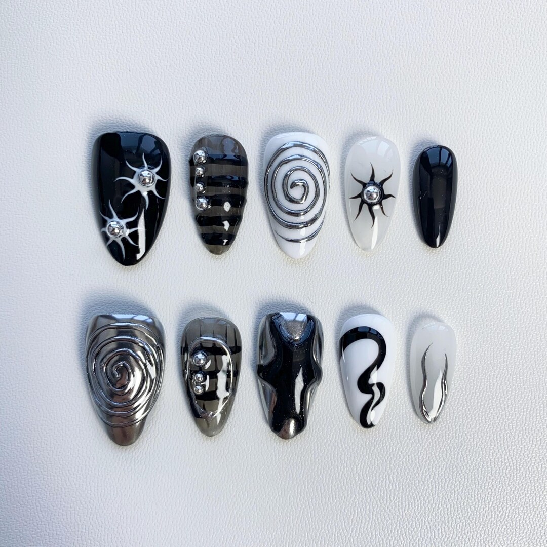 Silver 3D Chrome Nails/black Gothic Press on Nails Almond Nails/sun ...