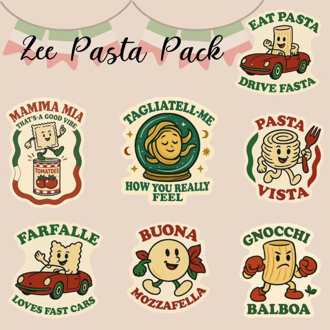 Pasta Lover Sticker Pack – Funny Italian Food Vinyl Stickers, Rigatoni ...