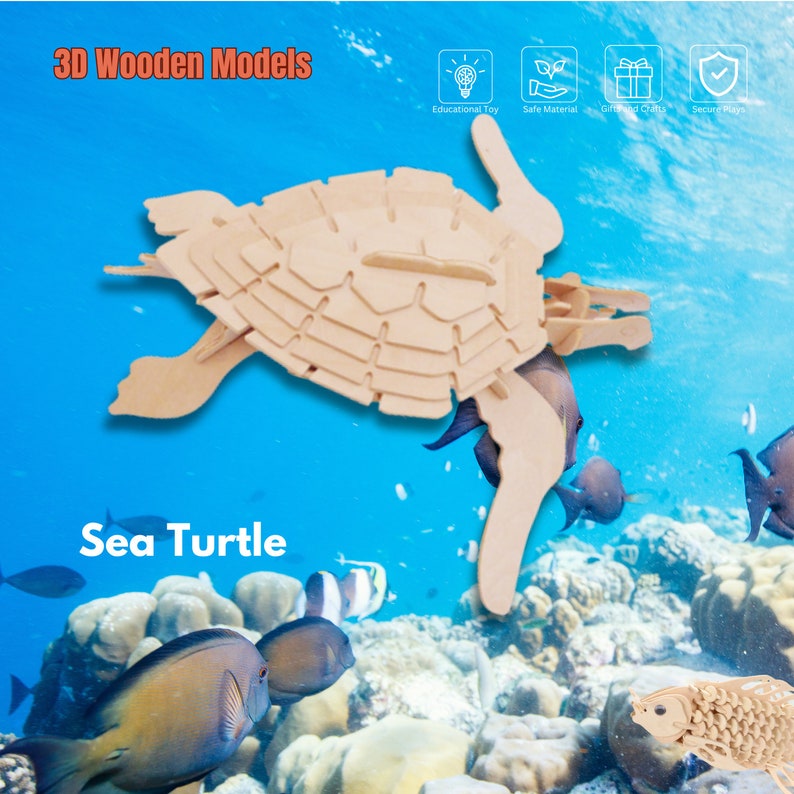 3D Wooden Ocean Animal Puzzle - Sea Turtle, Lobster, Tropical Fish，diy ...