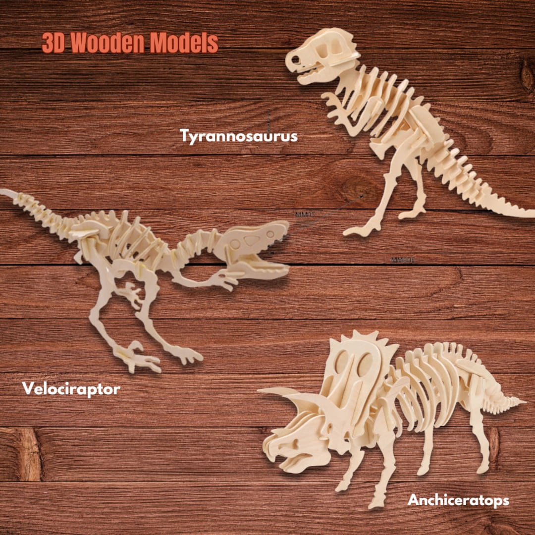 3D Wooden Dinosaur Puzzle Kit - T-rex, Velociraptor, Anchiceratops ...
