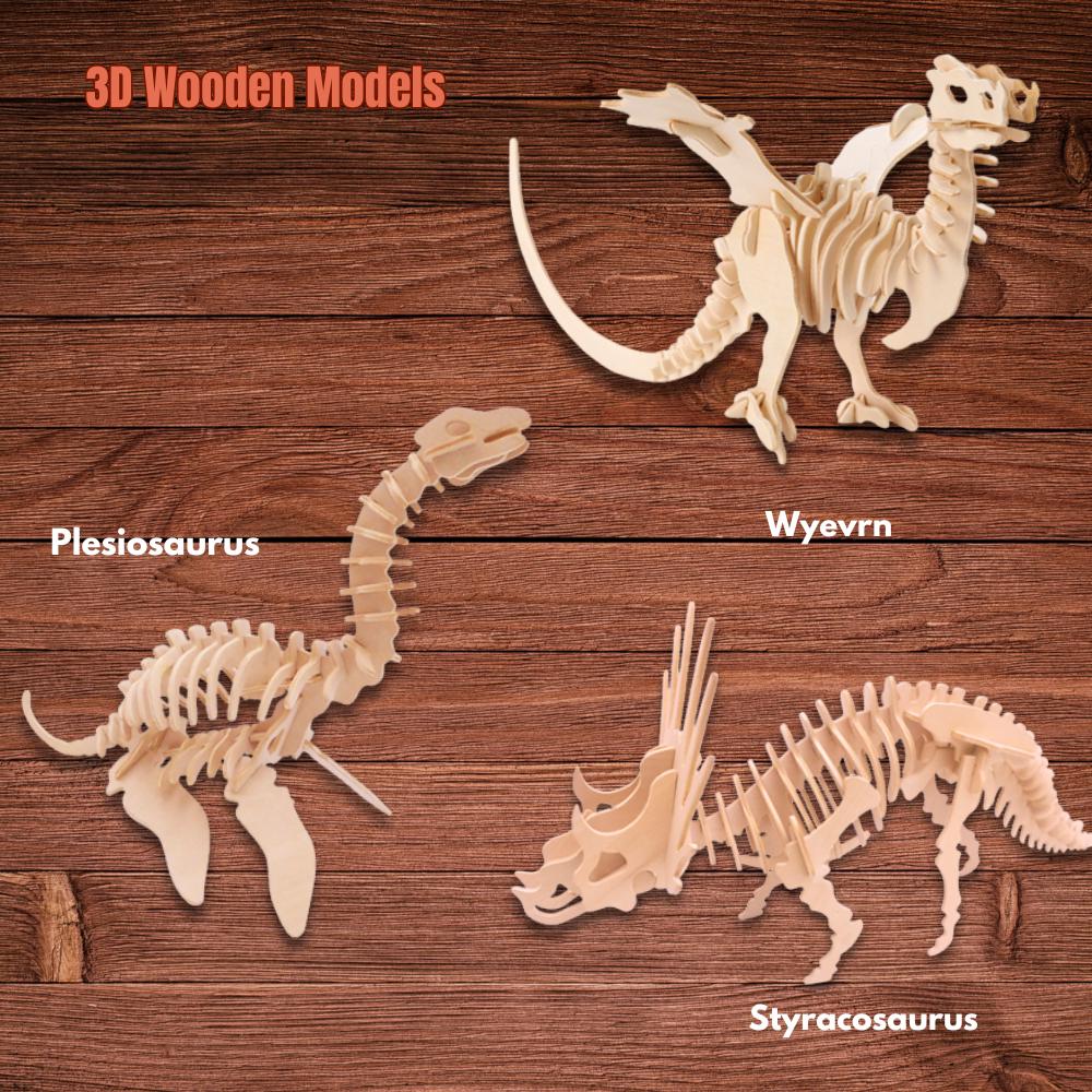 3D Wooden Dinosaur Puzzle Kit - T-rex, Velociraptor, Anchiceratops ...