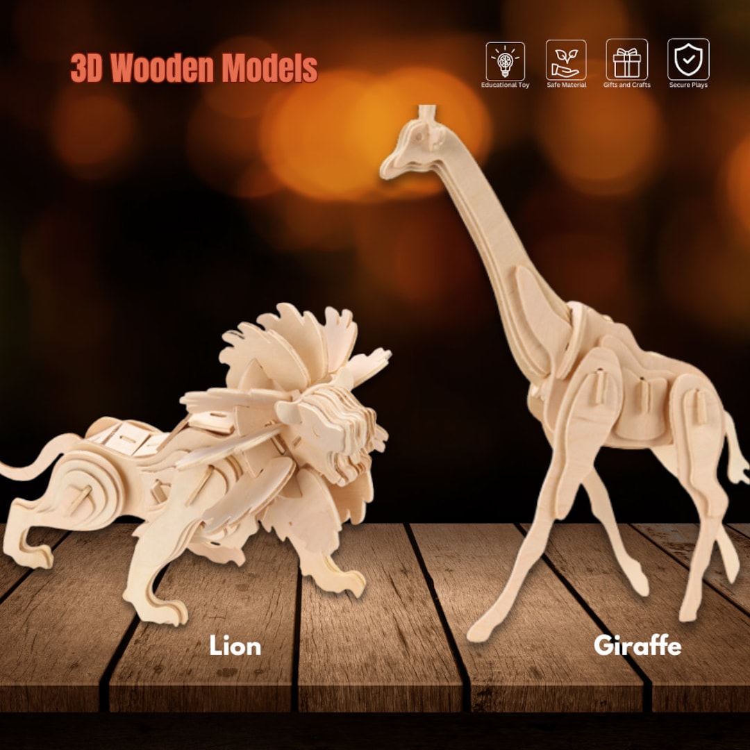 Wooden Animal Puzzle Giraffe, Horse, Deer, Penguin, Eco-friendly DIY 3D ...