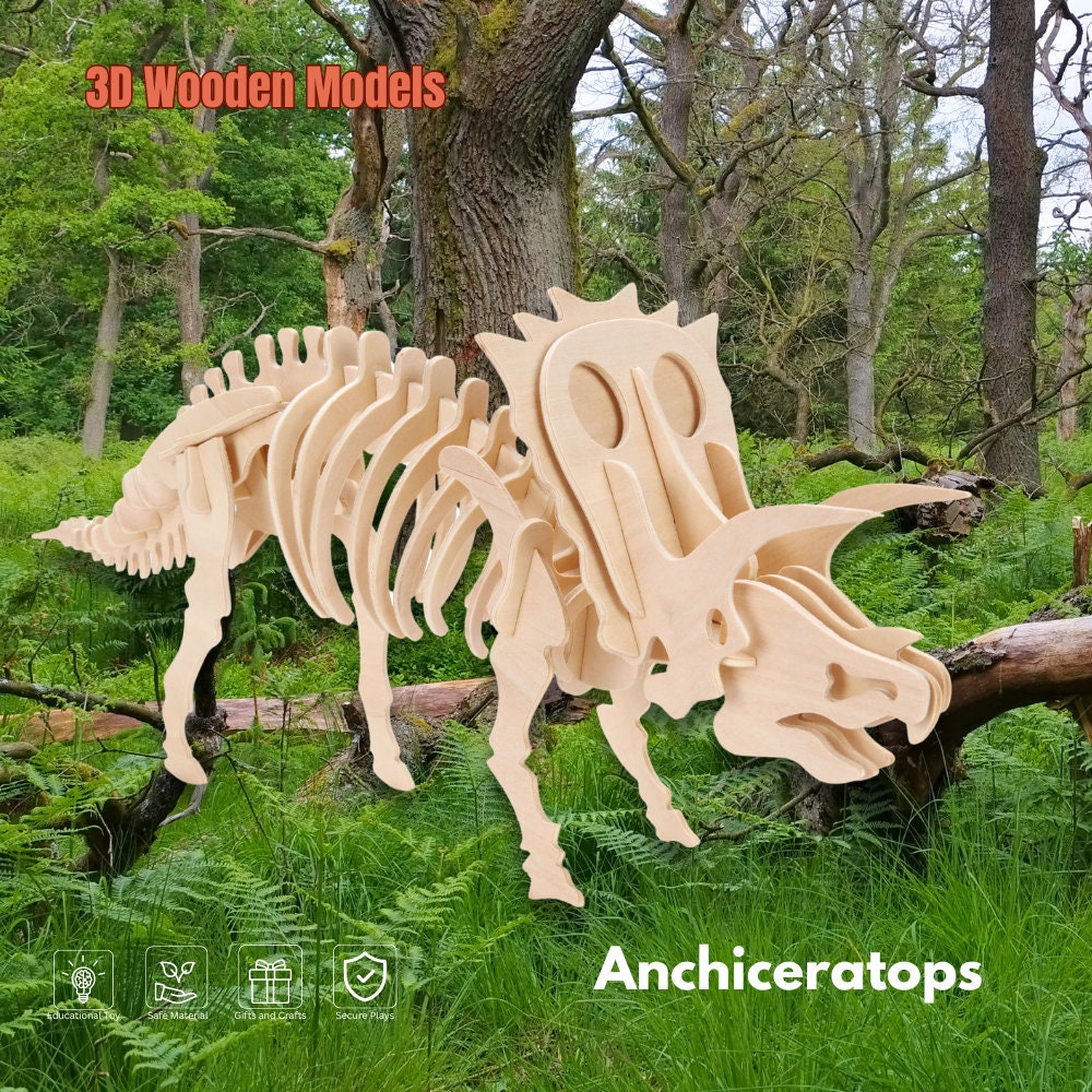 3D Wooden Dinosaur Puzzle Kit - T-rex, Velociraptor, Anchiceratops ...