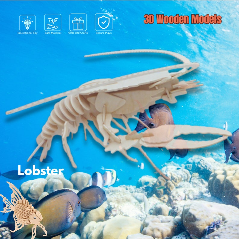 3D Wooden Ocean Animal Puzzle - Sea Turtle, Lobster, Tropical Fish，diy ...